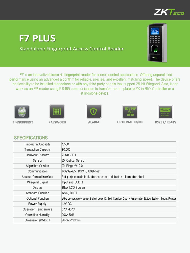 ZKTeco F7 Plus Fingerprint Reader Guide | PDF
