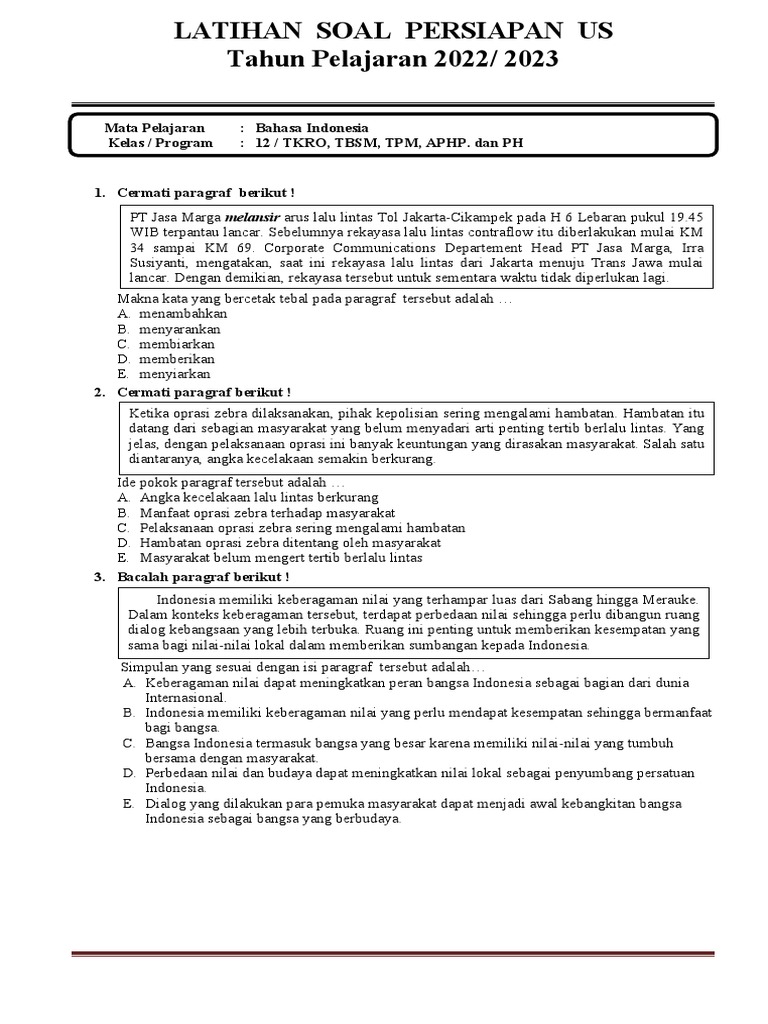 LATIHAN SOAL PERSIAPAN US - Copy, 2023 | PDF | Ilmu Sosial