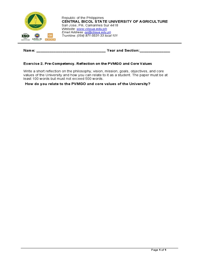 Week 1. Exercise 2 Reflection On The PVMGO | PDF | Wellness