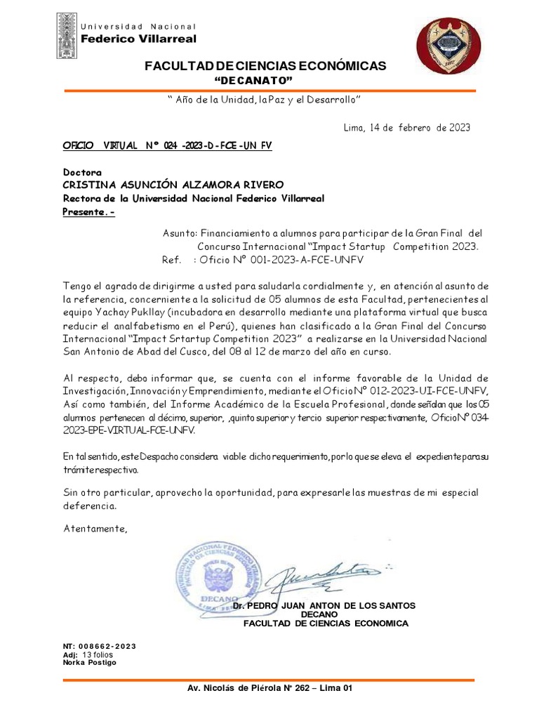 Oficio #024-2023-D-Fce-Unfv - Rectorado | PDF | Innovación | Ciencias económicas