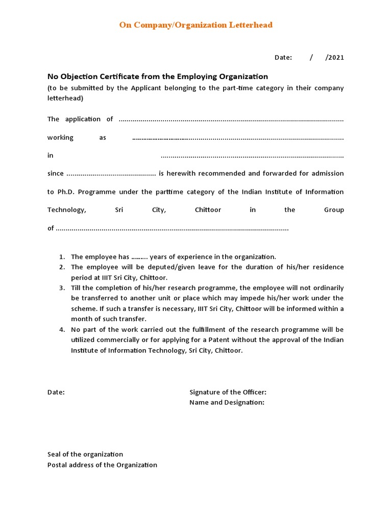 PHD Part Time NoC Letter Format | PDF