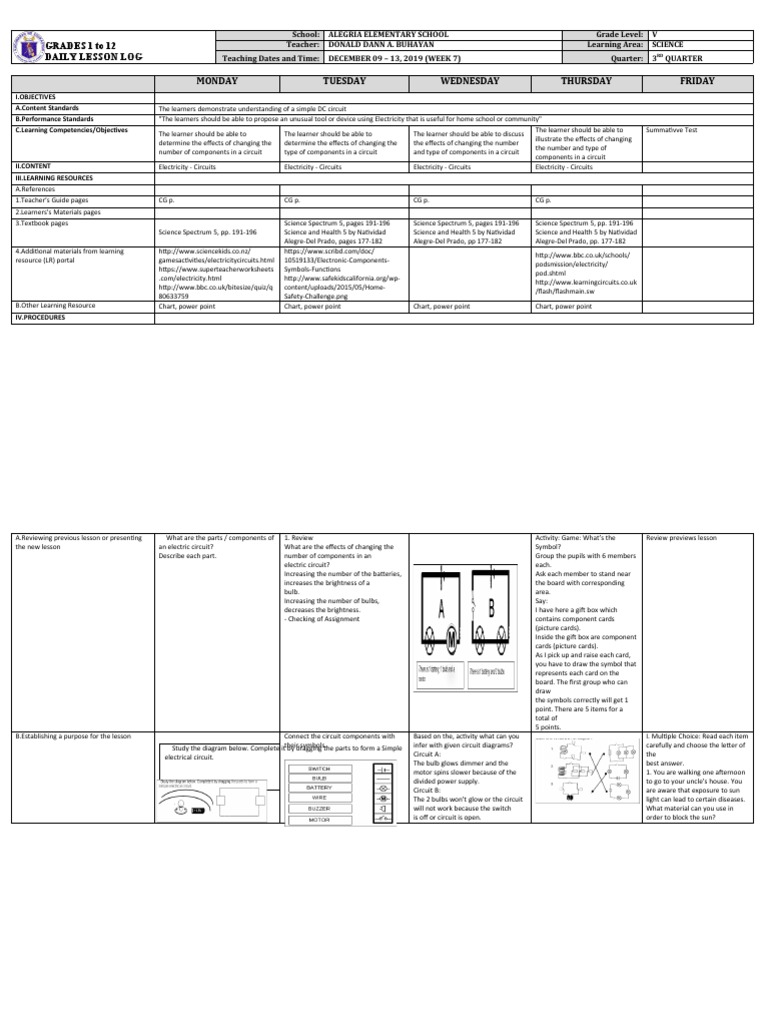 Understanding Electric Circuits: A Daily Lesson Log from Alegria Elementary School | PDF ...