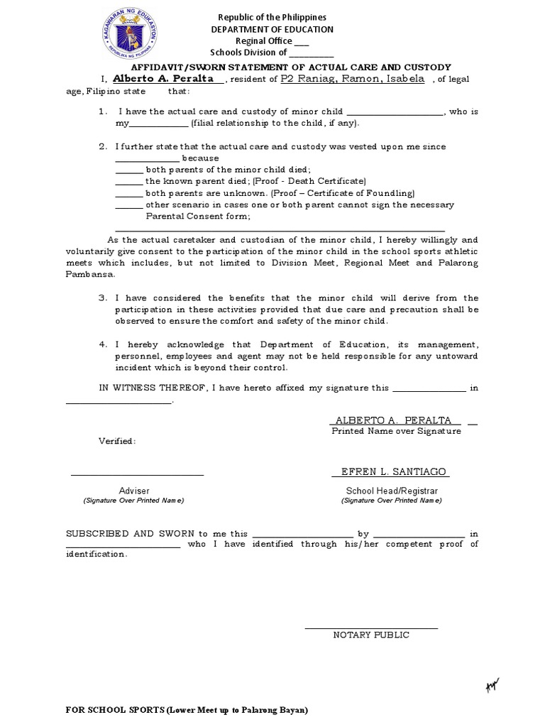 Sworn Statement of Actual Care and Custody Revised | Download Free PDF ...