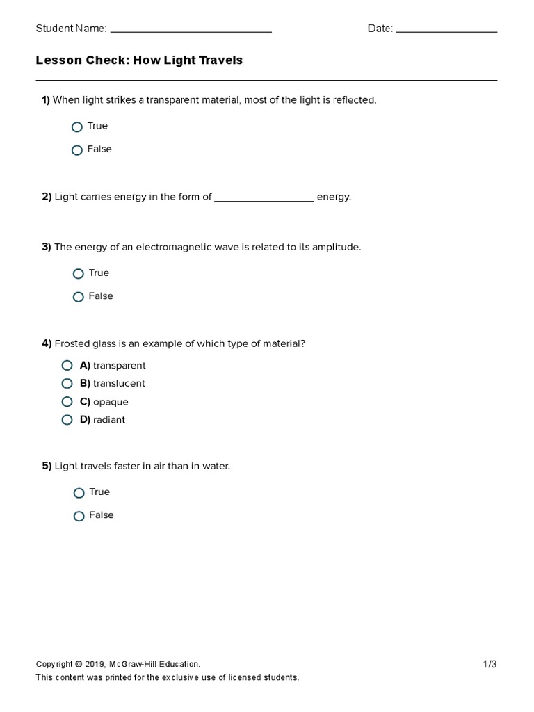 8G Lesson+Check - How+Light+Travels - SE | PDF