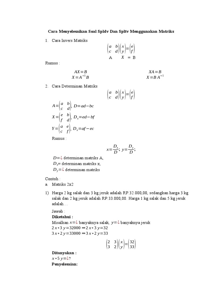 Cara Menyelesaikan Soal SPLDV Dan SPLTV Menggunakan Matriks | PDF