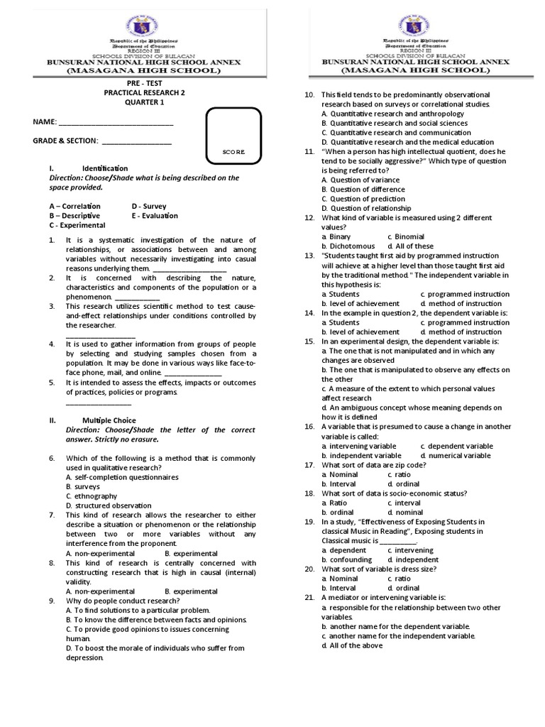 PR2 Pretest | PDF | Statistics | Quantitative Research