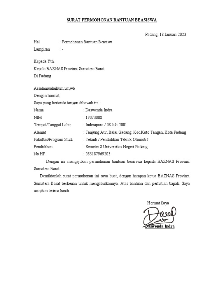 Surat Permohonan Mengajukan Beasiswa | PDF