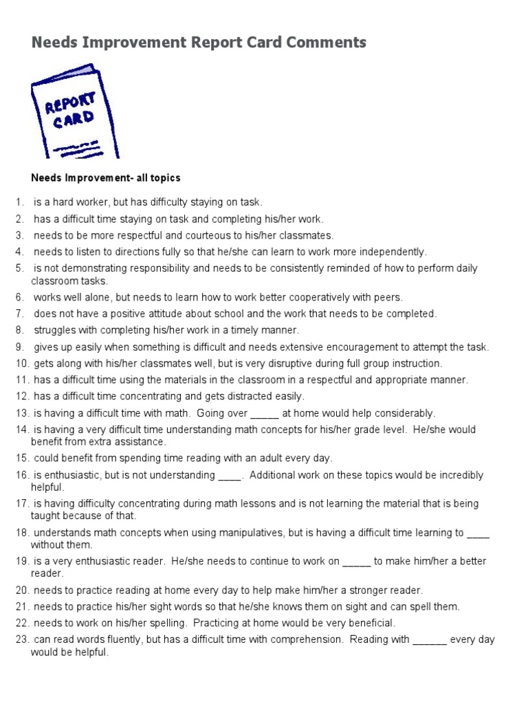 Needs Improvement Report Card Comments | PDF | Linguistics | Human ...