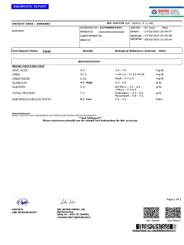 Diagnostic Report Renal Function Test Results | PDF | Organ (Anatomy ...