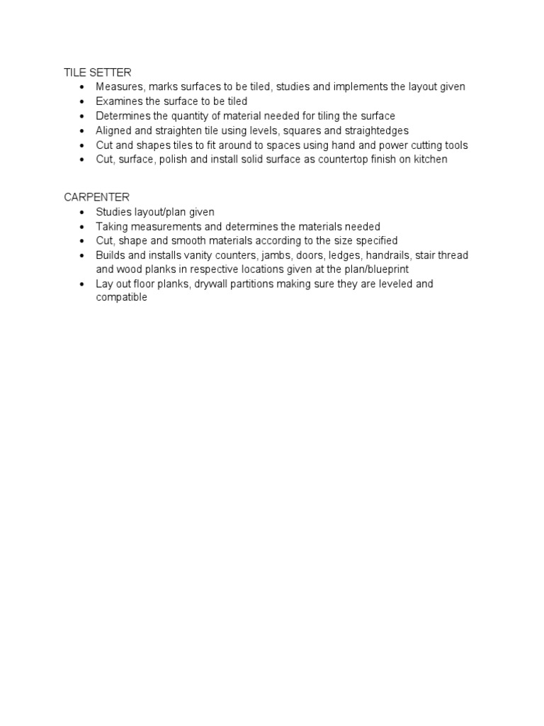 Work Description of Carpenter and Tile Setter | PDF