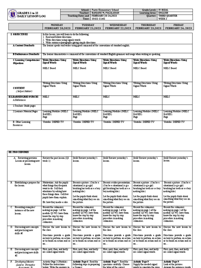 Q3 ENGLISH - DLL Week2 MELC Based Feb. 20 24 | PDF | Liquid Crystal Display | Learning