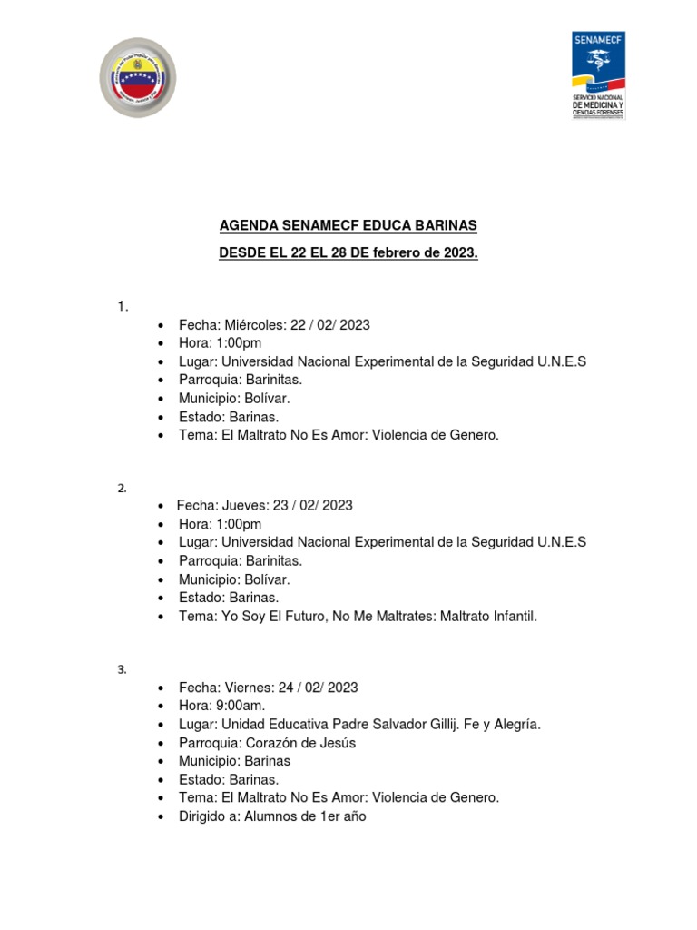 Agenda Senamecf Educa Barinas | PDF