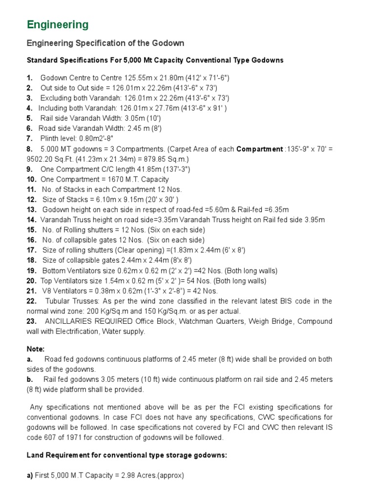 CWC Godowns Specifications | PDF | Warehouse