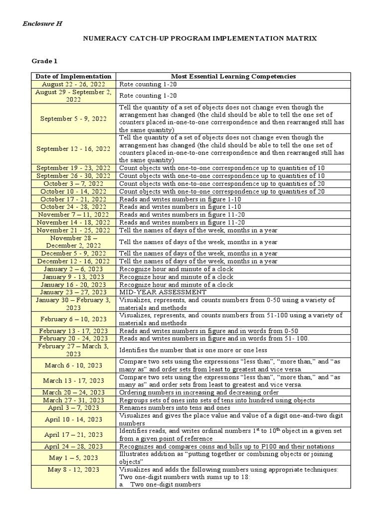 Numeracy Catch-Up Implementation Matrix | PDF | Multiplication | Subtraction