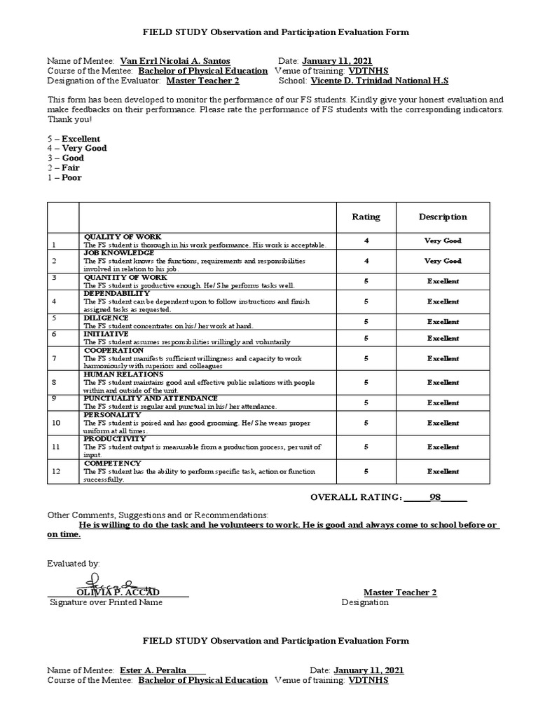 Field Study Evaluation Form Sample | PDF | Mentorship | Learning