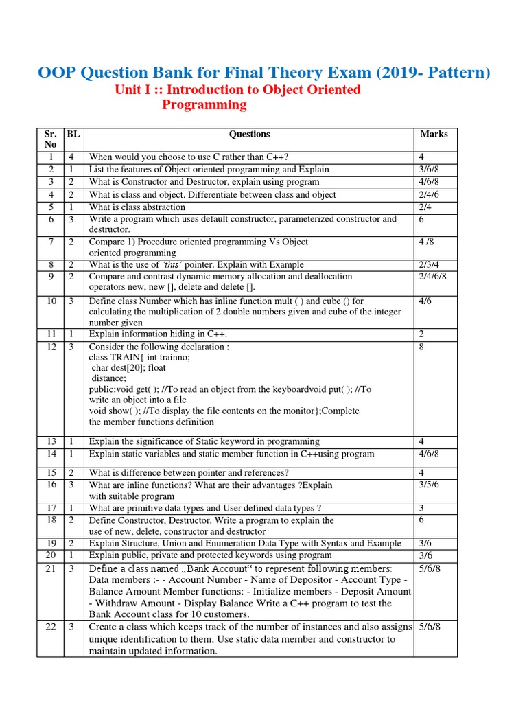 Final Oop Qb 2019 Pattern Pdf C Pointer Computer Programming 6945