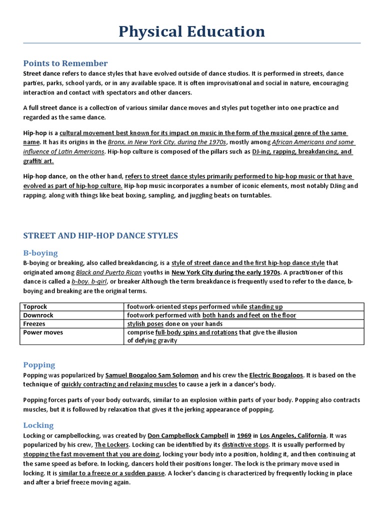 Physical Education Notes | PDF | Hip Hop Music | Dances