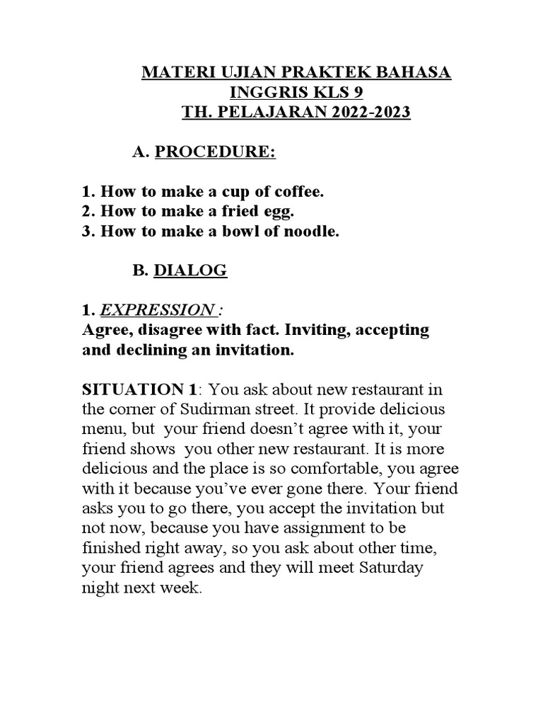Materi Ujian Praktek Bahasa Inggris Kls 9 | PDF