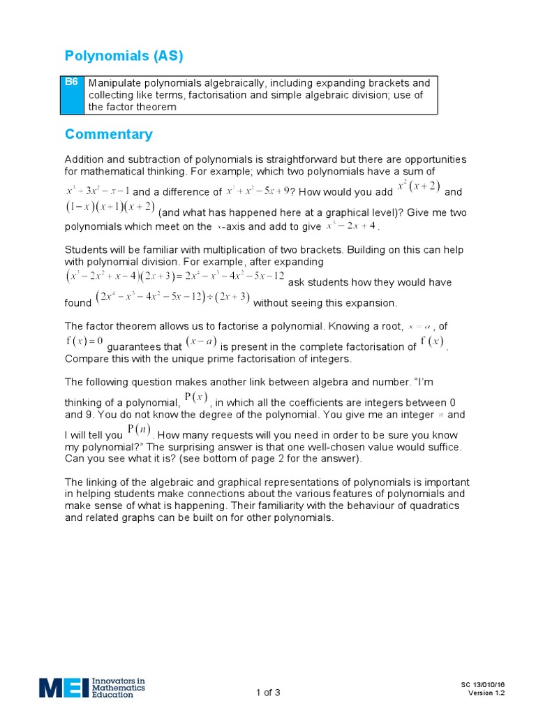 06 Polynomials Pdf Factorization Polynomial