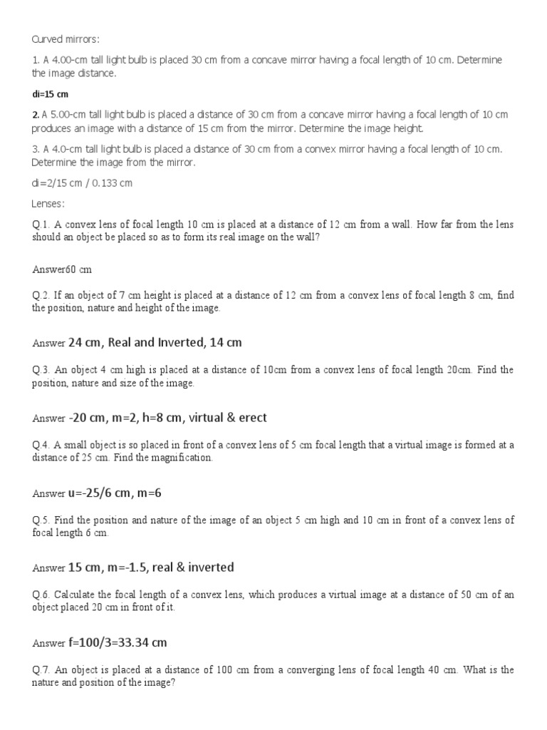 Mirrors and Lenses Problems | PDF | Atomic | Vision