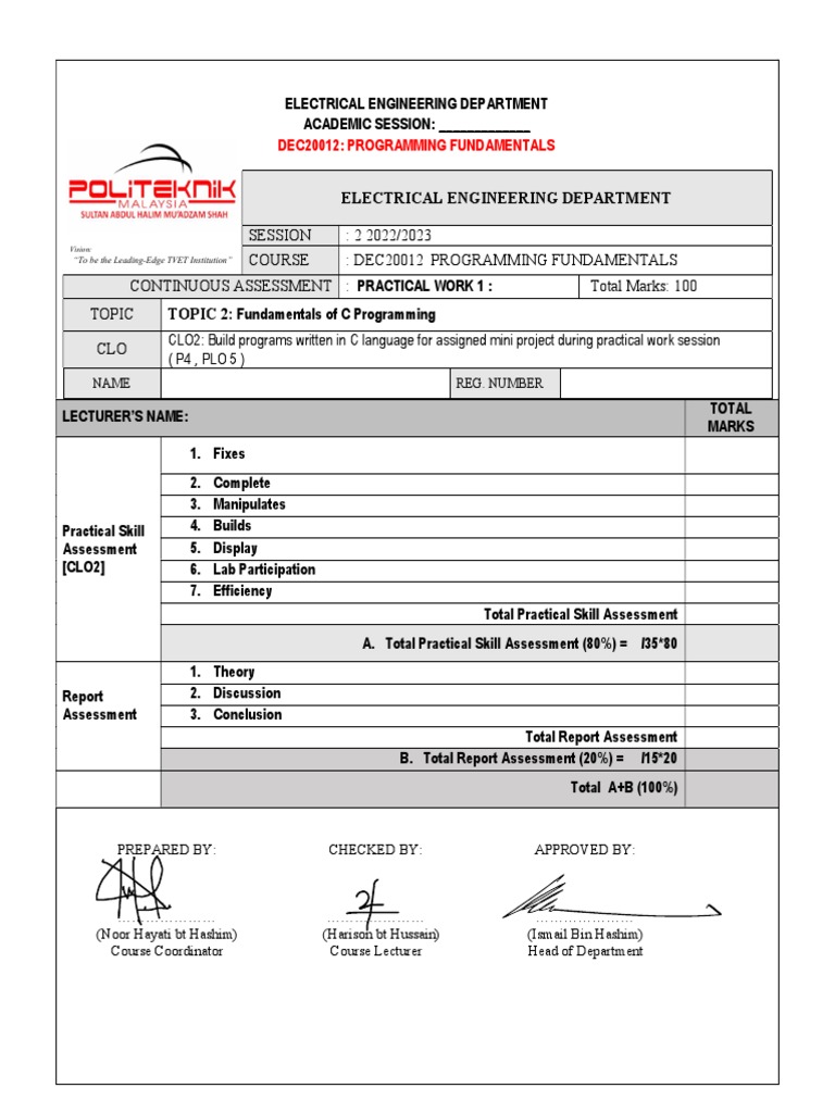 Programming Fundamentals: C Programming Practical Work Assessment | PDF ...