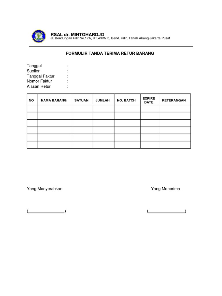 Form Retur Barang Dari Gudang Ke Suplier | PDF