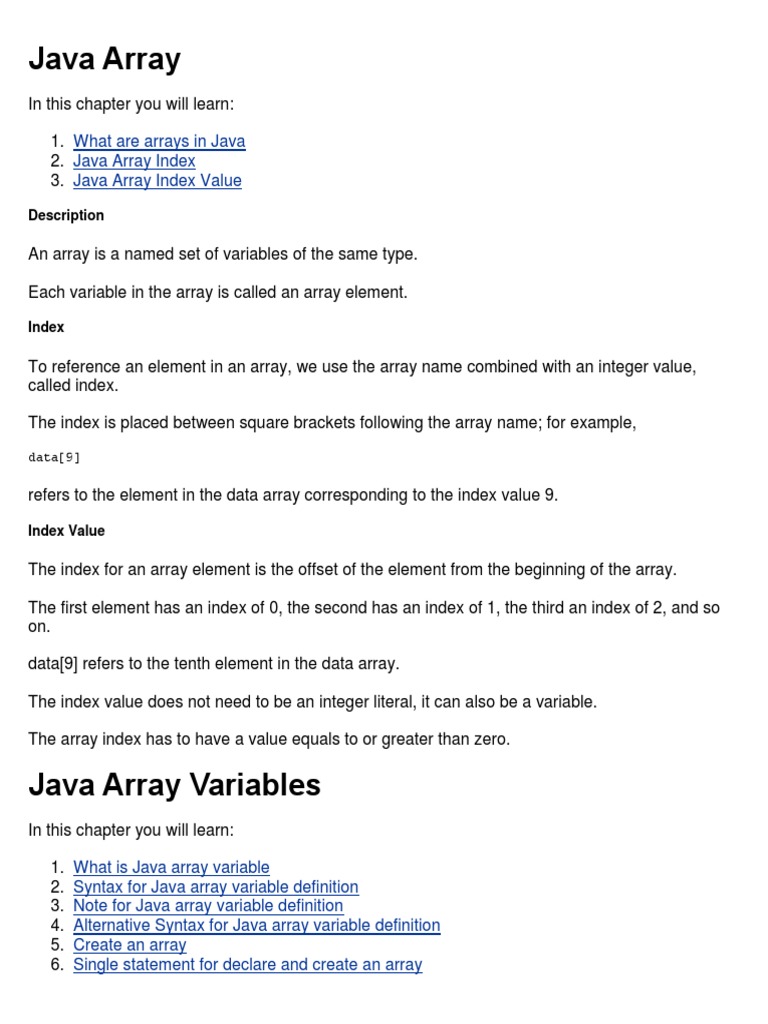 Java Array | PDF | Data Type | Variable (Computer Science) Java Array | PDF | Data Type | Variable (Computer Science)