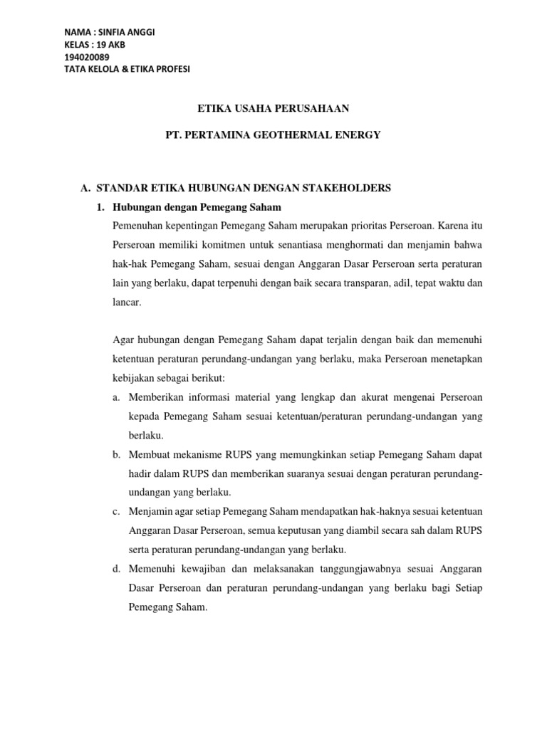 Etika Hubungan Stakeholder Pertamina | PDF