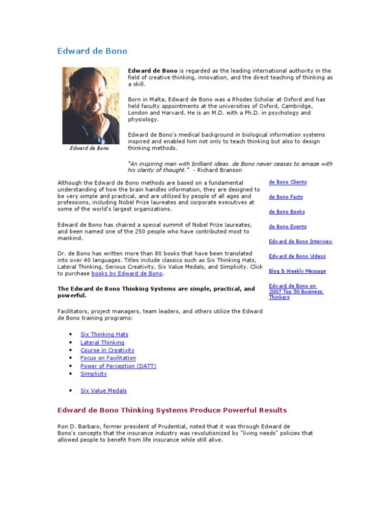 Edward de Bono | PDF | Psychological Concepts | Cognition