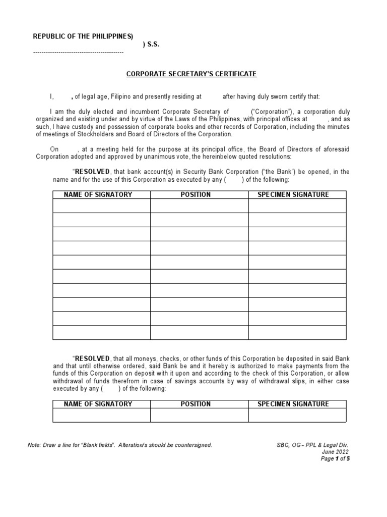 Secretary's Certificate - Corporate Account Opening I Account ...