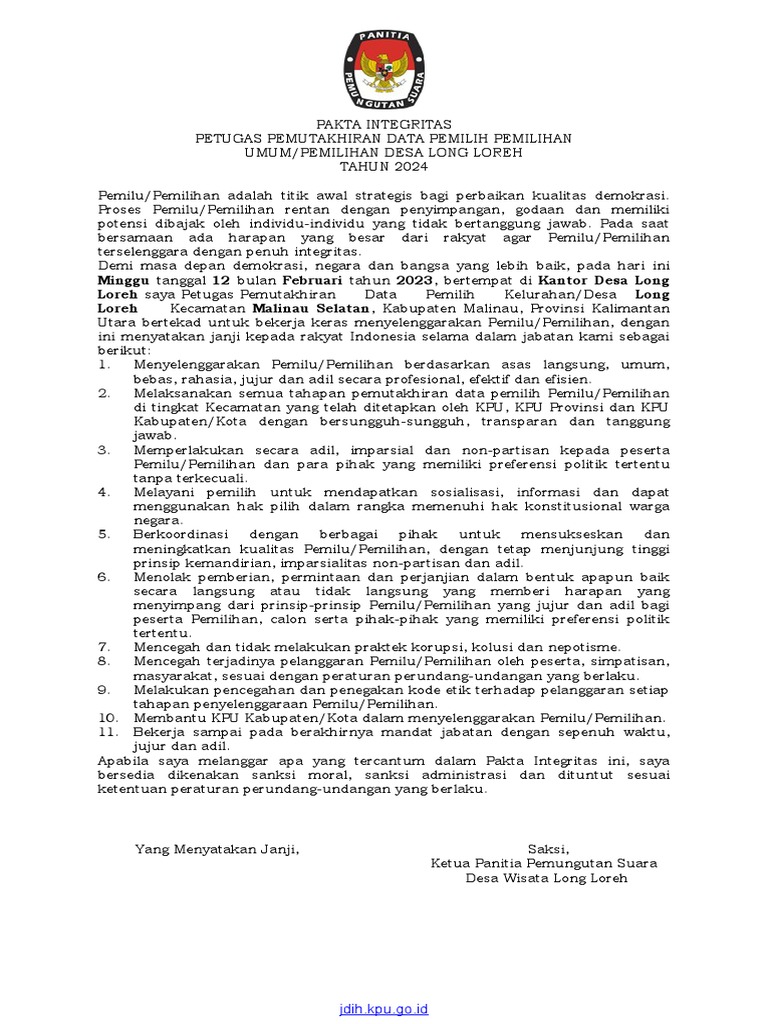 PAKTA INTEGRITAS Pantarlih (1) | PDF