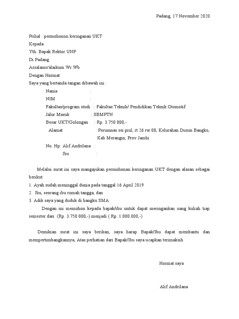 Contoh Surat Permohonan Penurunan Ukt | PDF