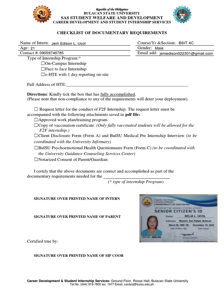 Internship Document Checklist | PDF | Career & Growth