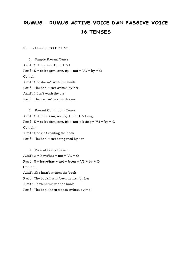 Active Voice & Passive Voice in 16 Tenses | PDF | Grammatical Tense ...