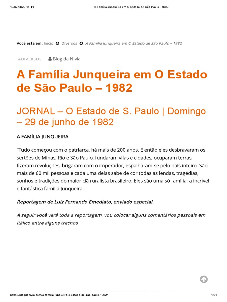 A Família Junqueira em O Estado de São Paulo - 1982 | PDF | Família ...