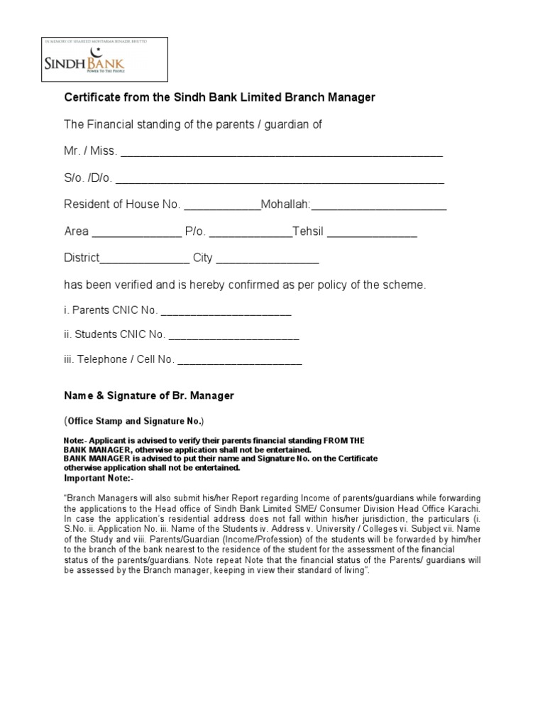Certificate From The Sindh Bank Limited Branch Manager | PDF | Student ...