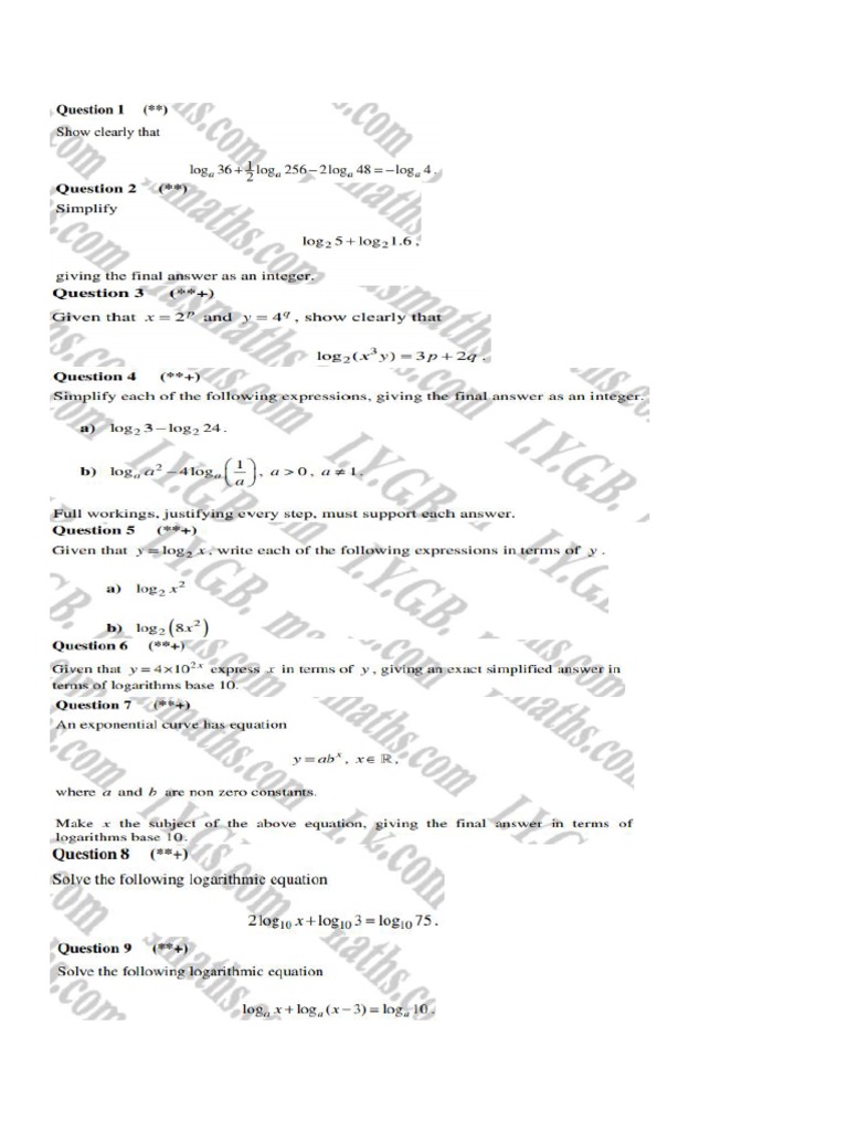 120 Logarithm Questions | PDF
