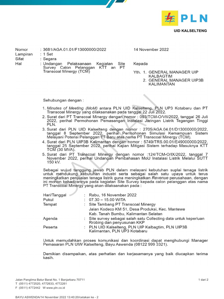 Surat Survey TCM Ke UIP KLT Dan UIP3B KAL | PDF