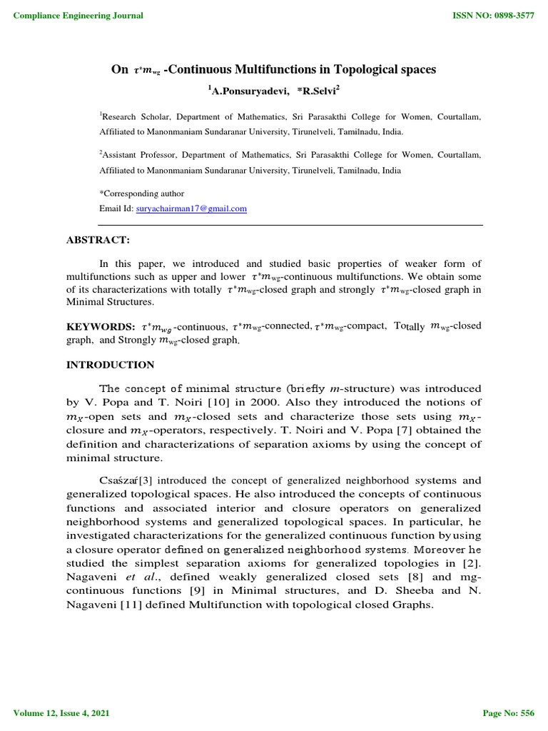 On Wg Continuous Multifunctions In Topological Spaces Pdf Compact Space Continuous