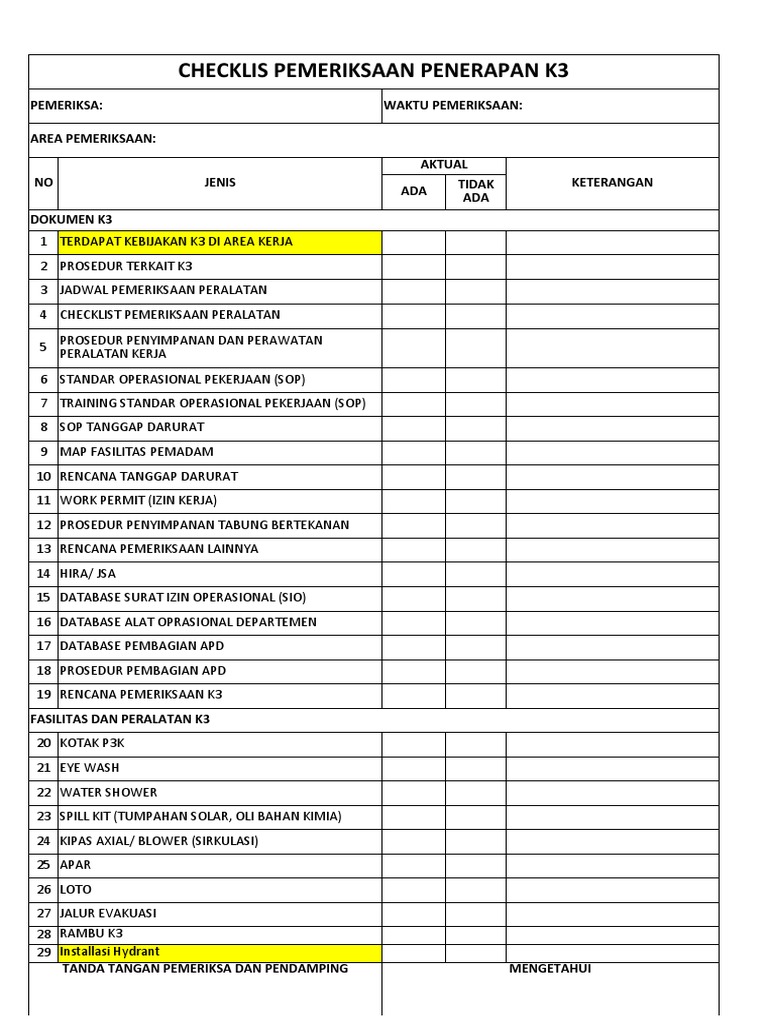 Checklist Penerapan K3 | PDF