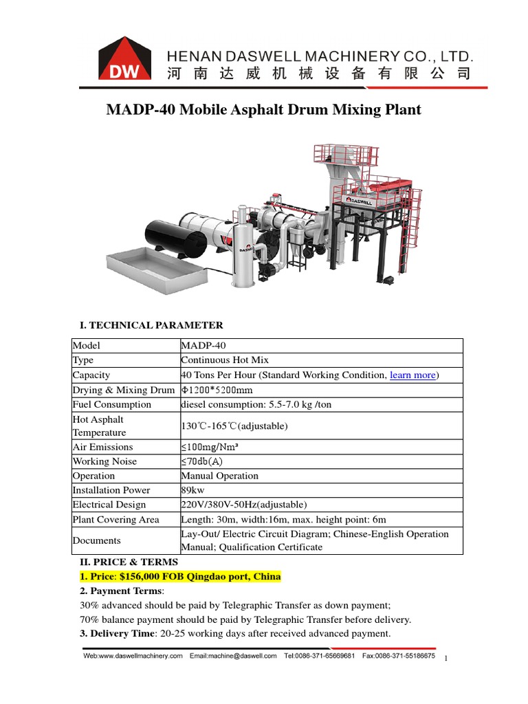 Quotation of MADP-40 Mobile Drum Mix Asphalt Plant | PDF | Home & Garden