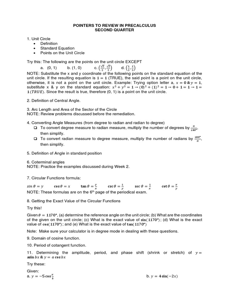 POINTERS TO REVIEW IN PRECALCULUS Quarter 2 | PDF | Trigonometric Functions | Angle