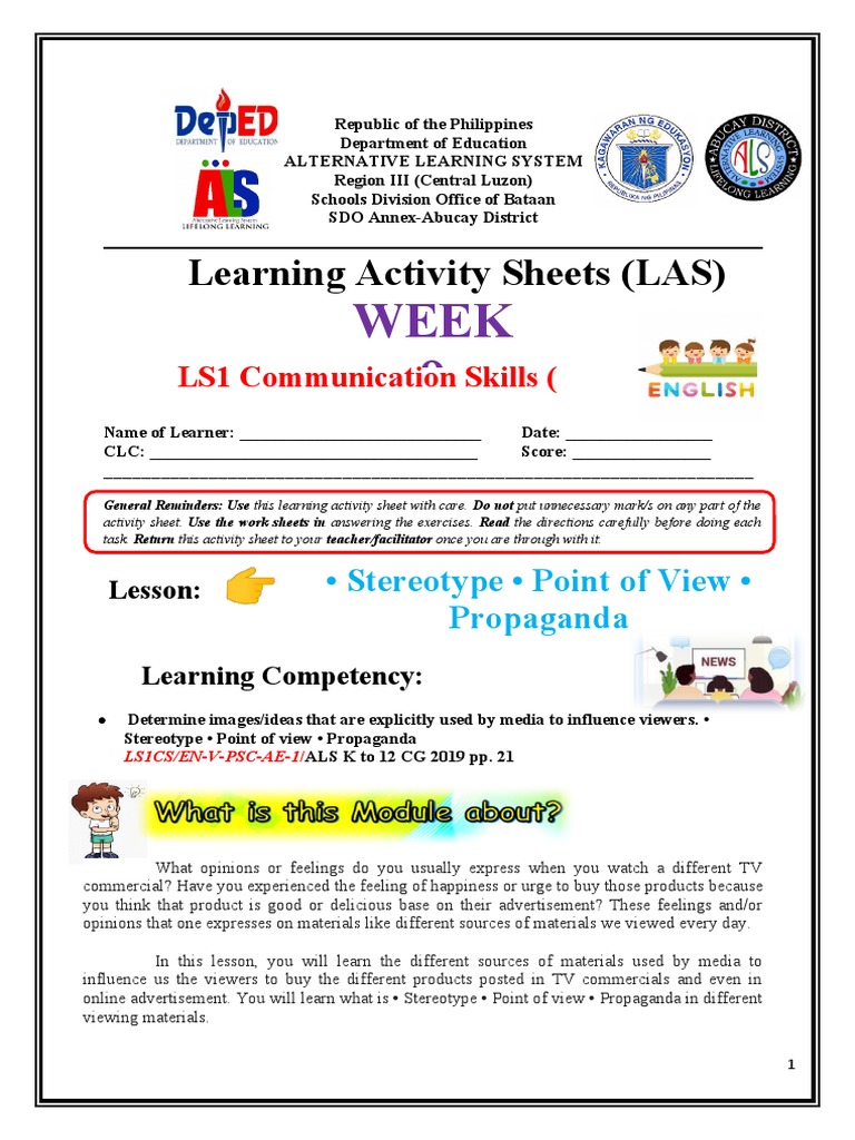 Week 9-LS1 Eng. LAS (Stereotype, Point of View, Propaganda) | PDF ...