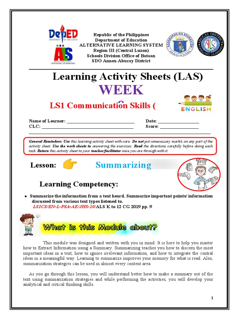 Week 8-LS1 Eng. LAS (Summarizing) | PDF | Learning | Reading Comprehension