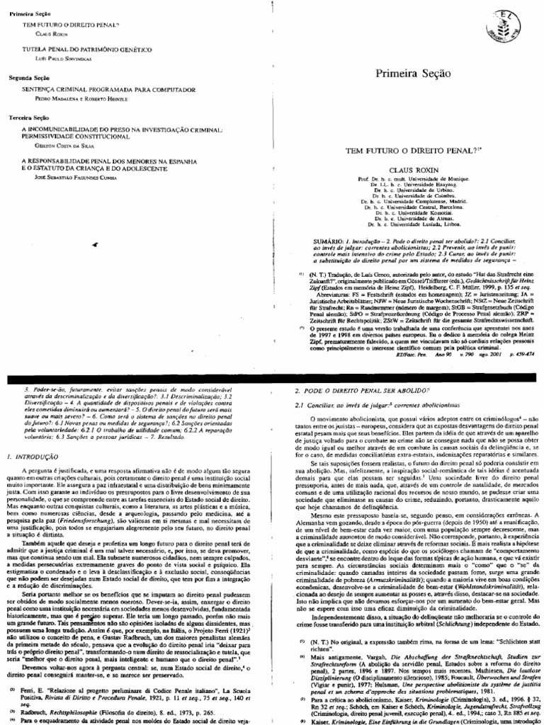 Roxin, Claus - Tem Futuro o Direito Penal | PDF | Direito Penal | Crime ...