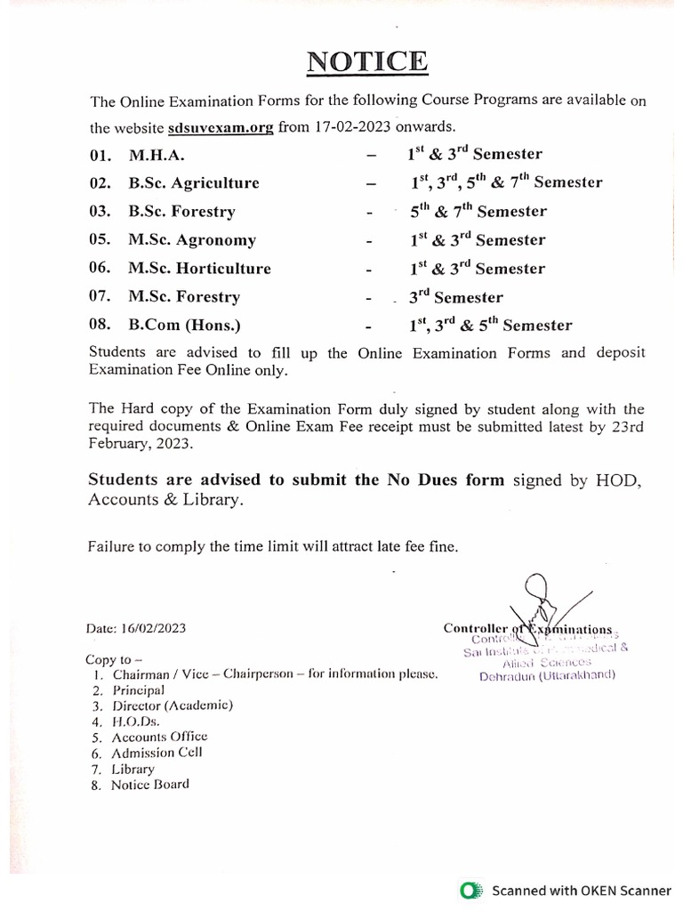 Sri Dev Suman Odd Semester Examination Form | PDF
