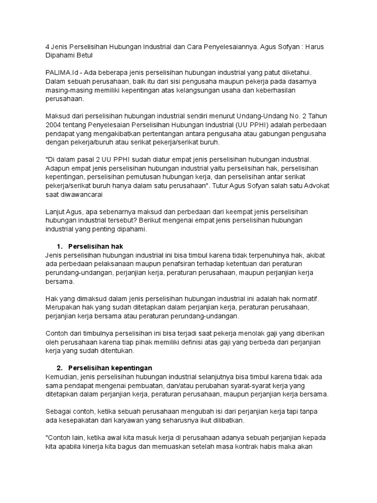 4 Jenis Perselisihan Hubungan Industrial Dan Cara Penyelesaiannya. Agus Sofyan: Harus Dipahami ...