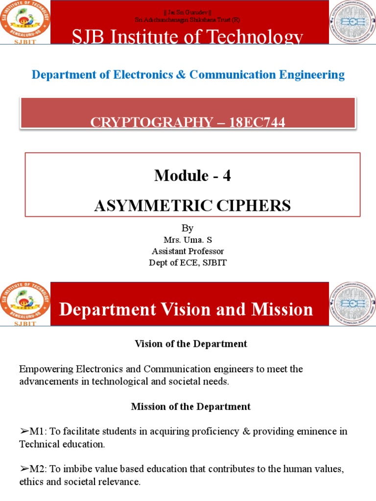 SJB Institute of Technology: Module - 4 Asymmetric Ciphers | PDF | Cryptography | Key (Cryptography)