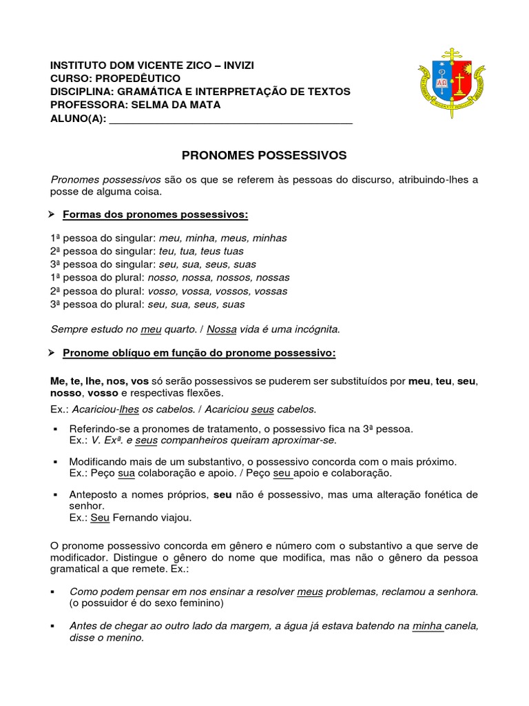 Pronomes Possessivos: Uso e Exemplos | PDF | Pronome | Tipologia ...
