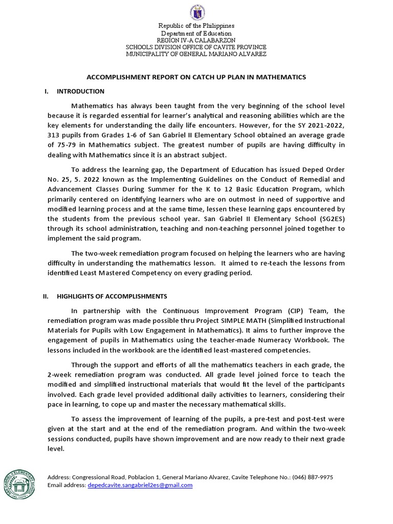 Accomplishment Report in Mathematics | PDF | Learning | Mathematics